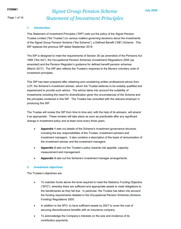 Signet Group Pension Scheme | Statement of Investment Principles - H.Samuel | H.Samuel